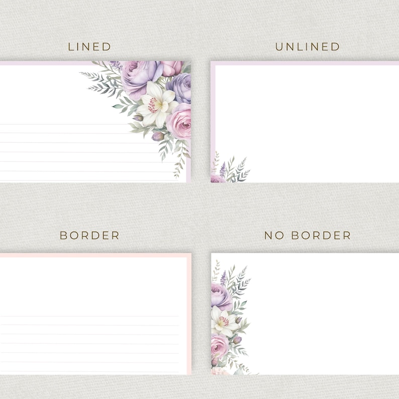 Paquete de papelería con flores románticas: flores rosas y moradas, set ...