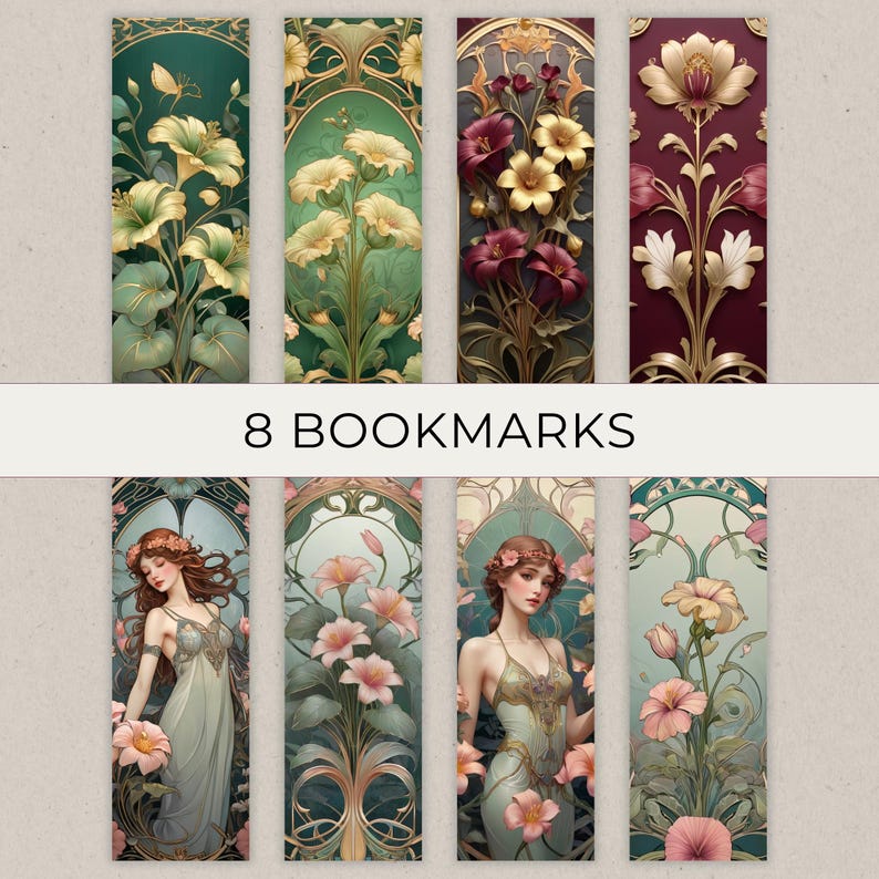 Book Lover Gift Printable Bookmarks, Art Nouveau Design, Digital ...