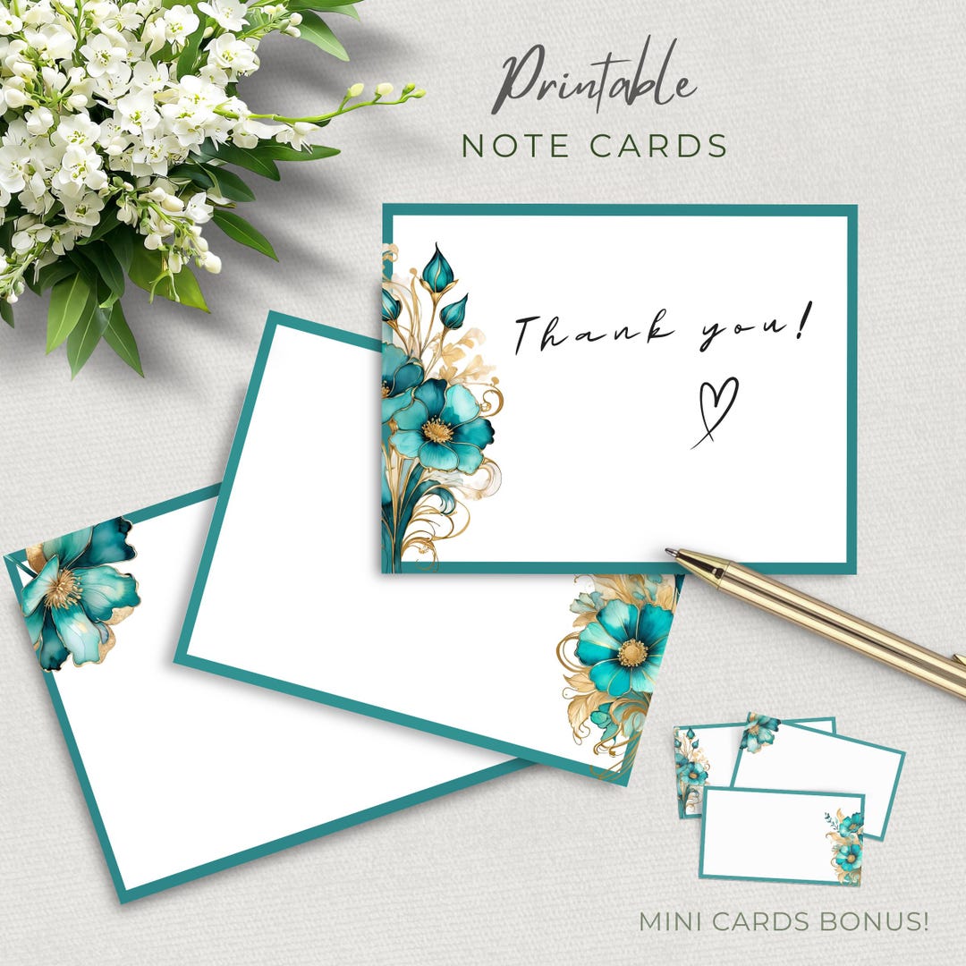 Teal Gold Printable Note Cards Instant Download, Last Minute Cards ...