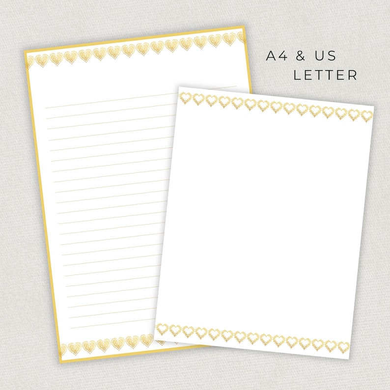 Gold Heart Letter Writing Set, Printable Stationery, Lined Paper, Snail ...