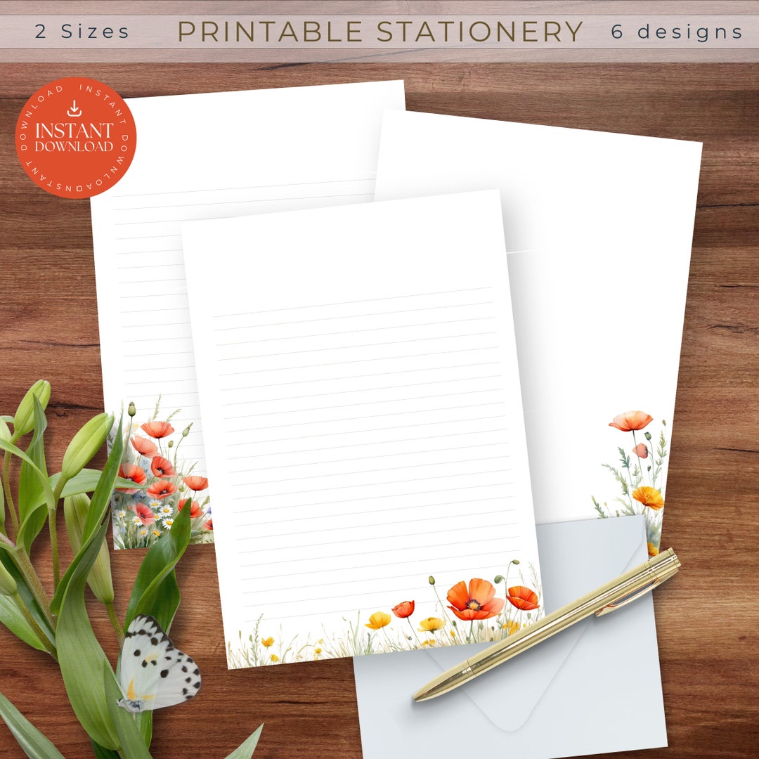 Poppy Letter Writing Set, Printable Stationery Papers, Instant Download ...