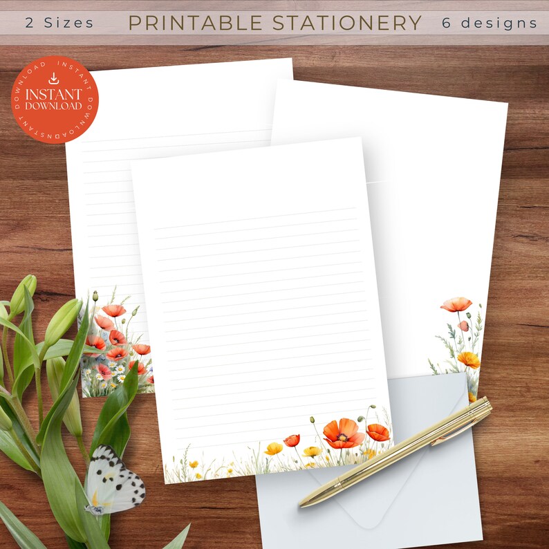 Poppy Letter Writing Set, Printable Stationery Papers, Instant Download ...