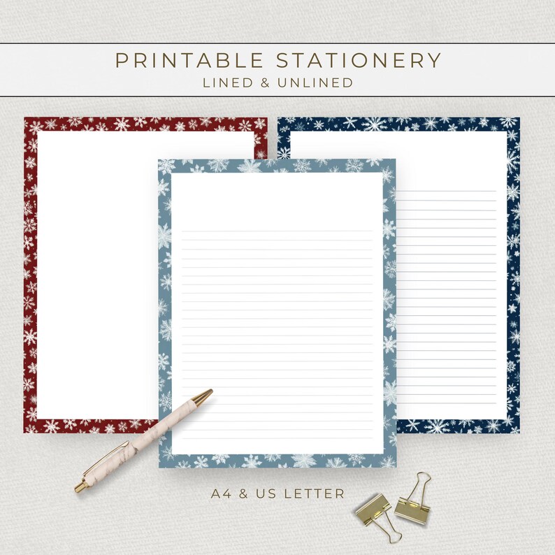 Snowflake Border Letter Writing Set, Printable Stationery, Lined ...