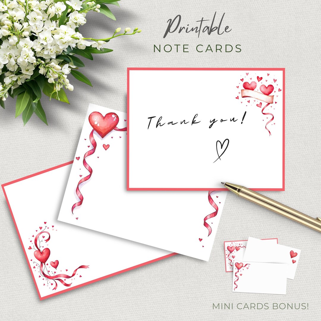 Romantic Notecards, Red Hearts Printable, Blank Note Cards, Last Minute ...