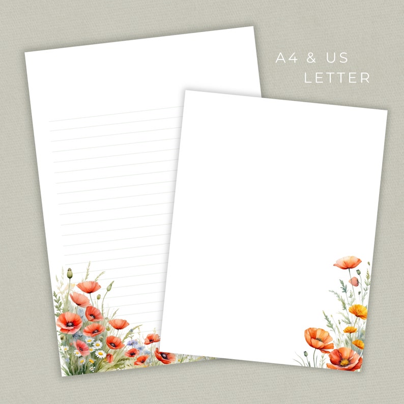 Poppy Letter Writing Set, Printable Stationery Papers, Instant Download ...
