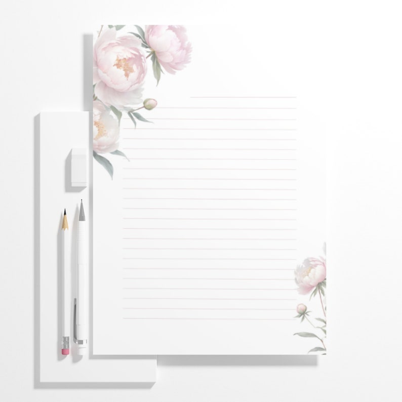 Peony Snail Mail Printable Writing Paper, Lined Stationery Paper, Pen ...