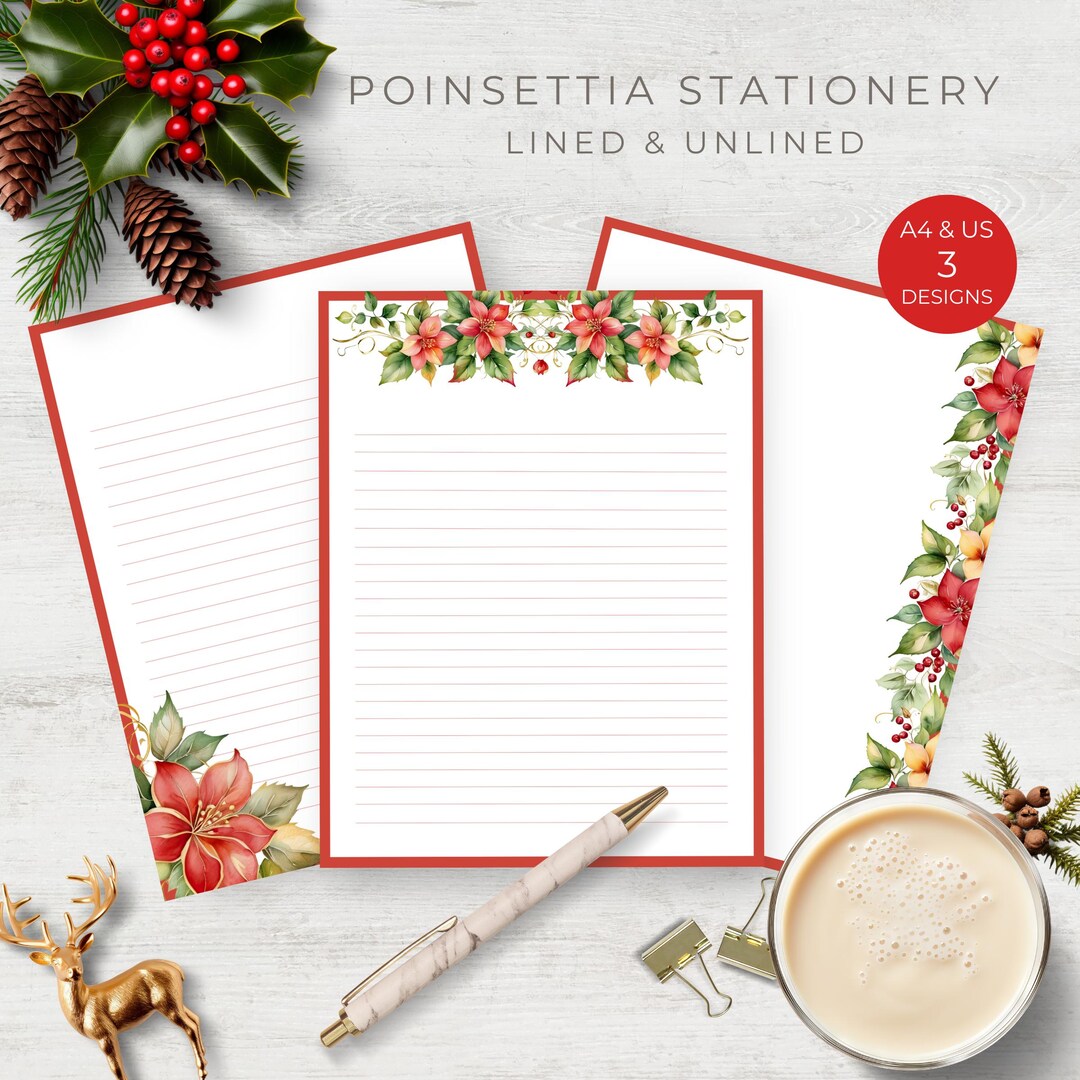 Christmas Flower Stationery Printable, Red Poinsettias Writing Paper ...