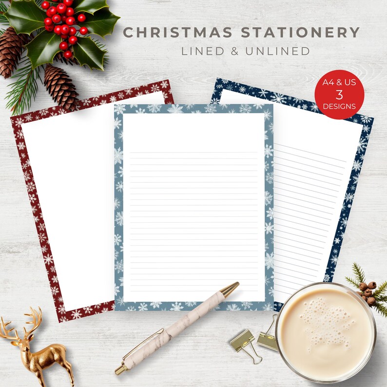Snowflake Border Letter Writing Set, Printable Stationery, Lined ...
