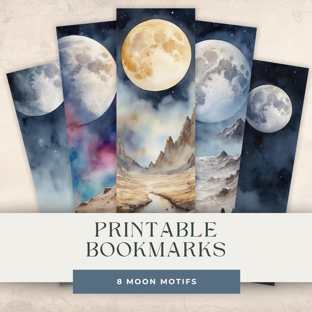 Digital Moon Book Tags, Printable Bookmarks Set, Watercolor Bookmark ...