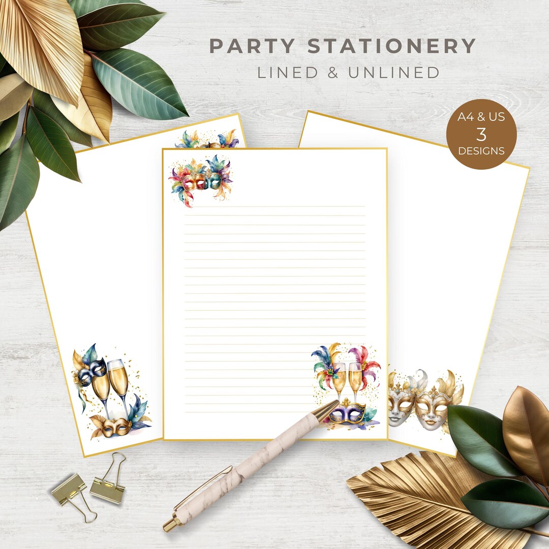 Masquerade Ball Stationery Set, Printable Letter Papers, Lined Writing ...