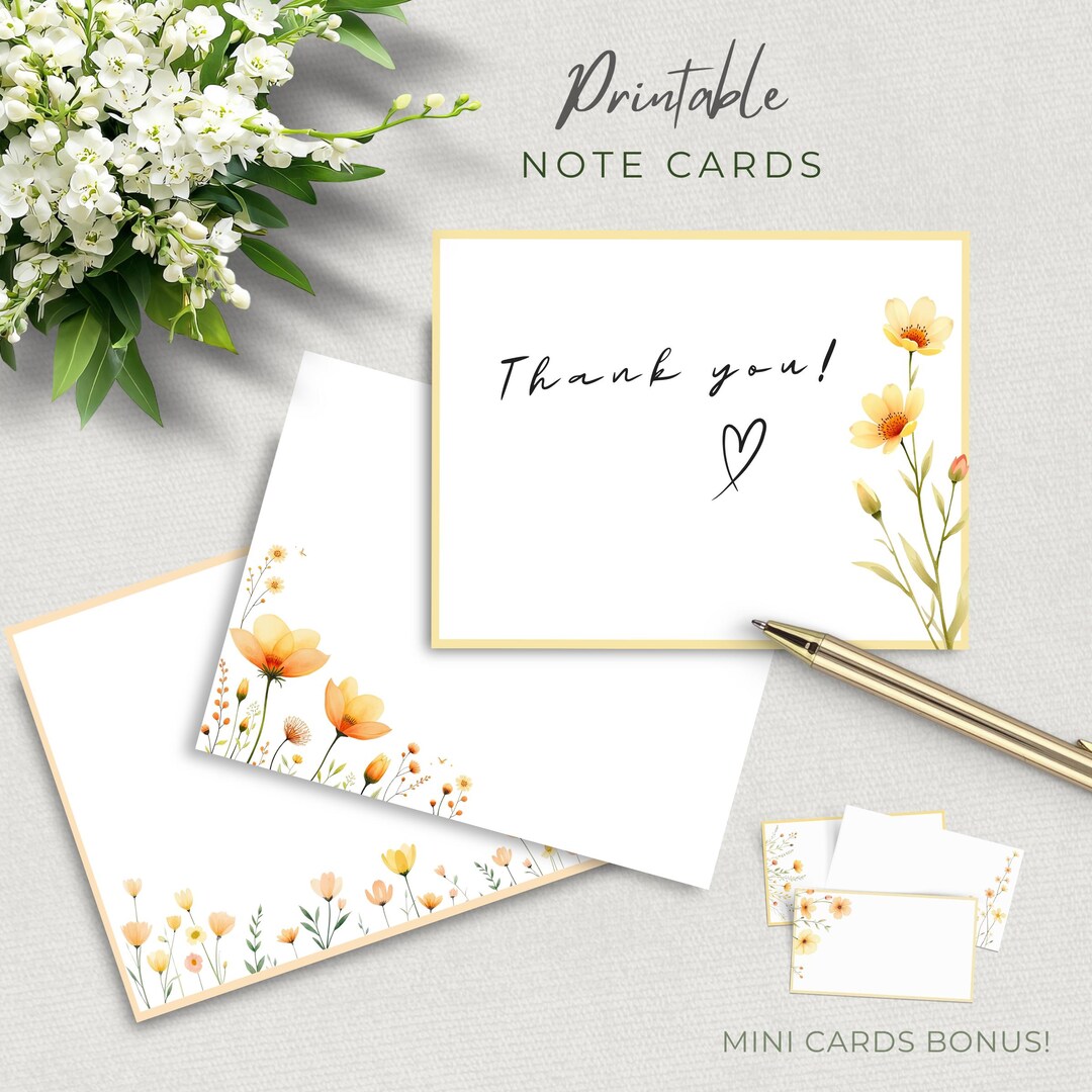 Yellow Flower Blank Note Cards, Printable Sunny Set for Thank You Notes ...