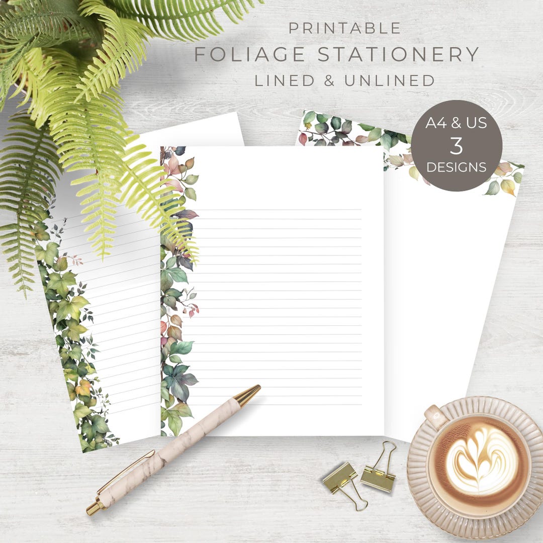 Foliage Vine Printable Stationery Set, Lined Unlined Writing Set ...