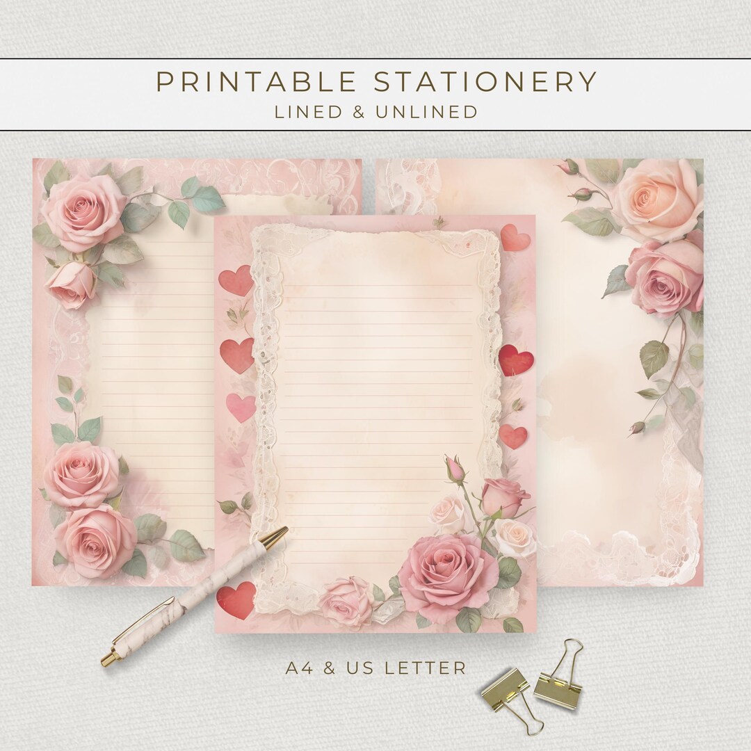 Printable Floral Stationery Set: Rosy Hearts, Snail Mail (PDF Download ...