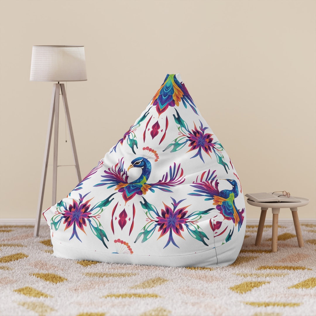 Modern Peacock Pattern Bean Bag Chair Cover, White Neon Room Decor for ...