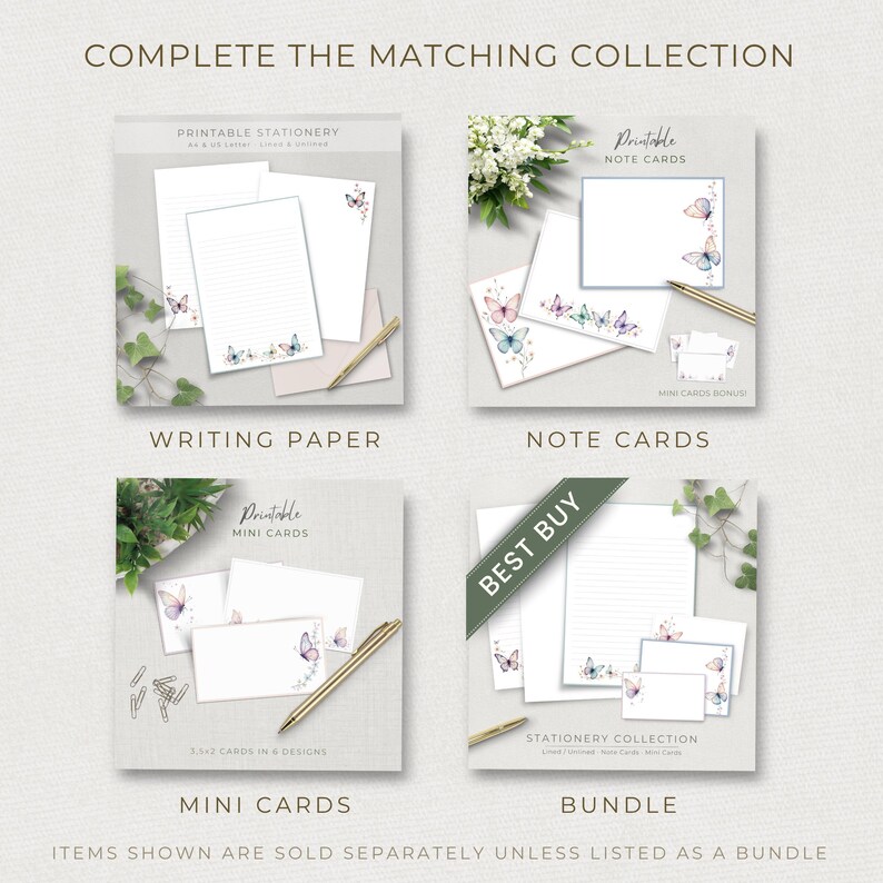 Butterfly Stationery Bundle, Printable Writing Paper, Note Cards and ...