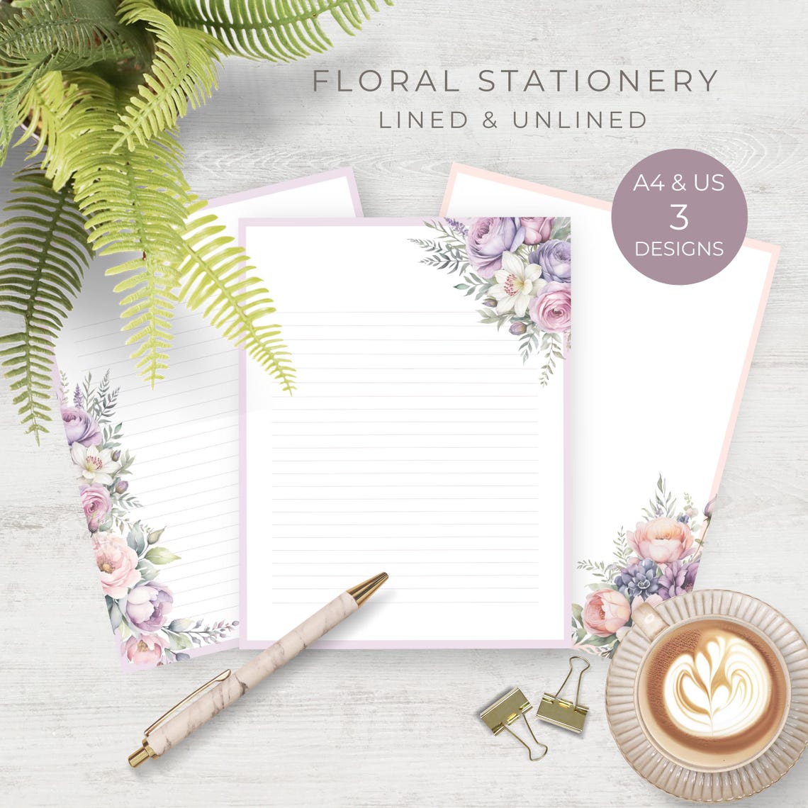 Romantic Pastel Flower Stationery Set, Instant Download Paper, Lined ...