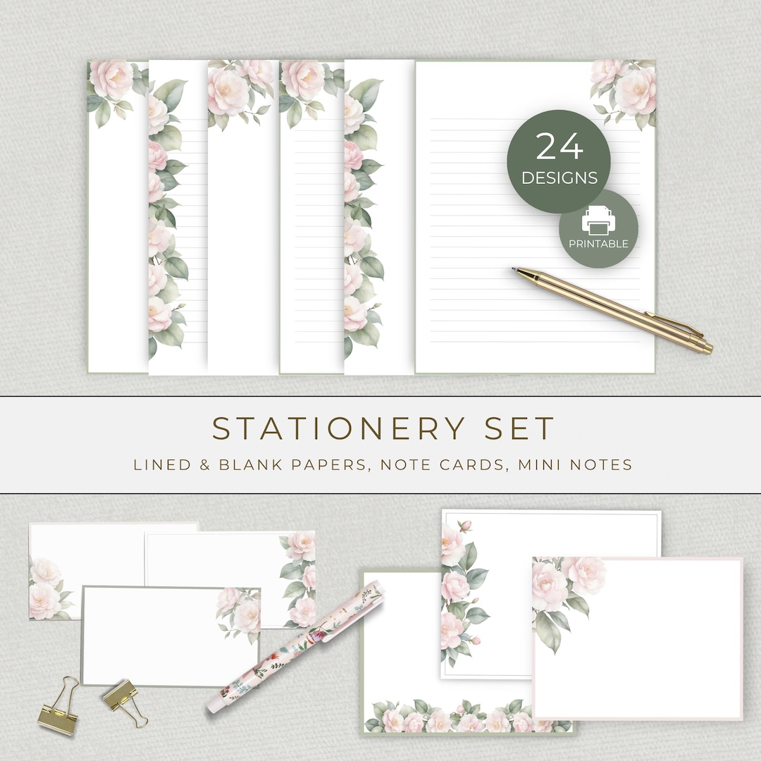 Camellia Floral Printable Stationery Bundle, Writing Paper, Note Cards ...