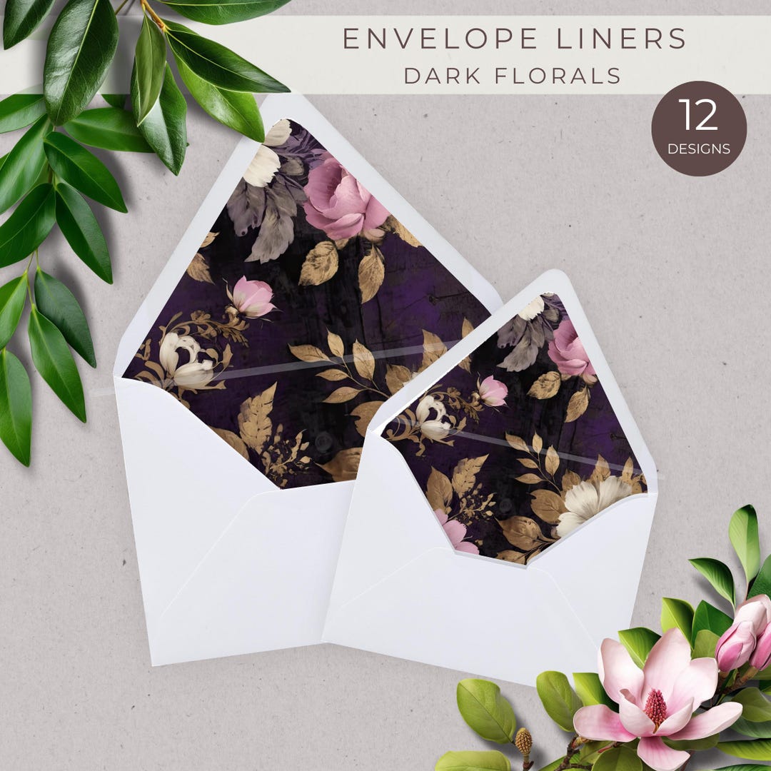 Dark Floral Envelope Liners Instant Download, Custom Wedding Invitation ...