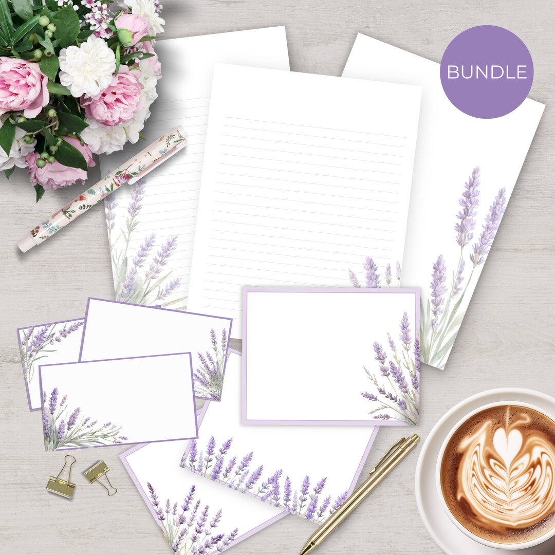 Printable Lavender Stationery Set Bundle, Mini Note Cards & Letter ...