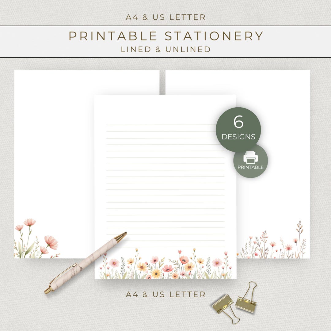 Minimal Flower Border Printable Writing Paper, Lined and Unlined Letter ...
