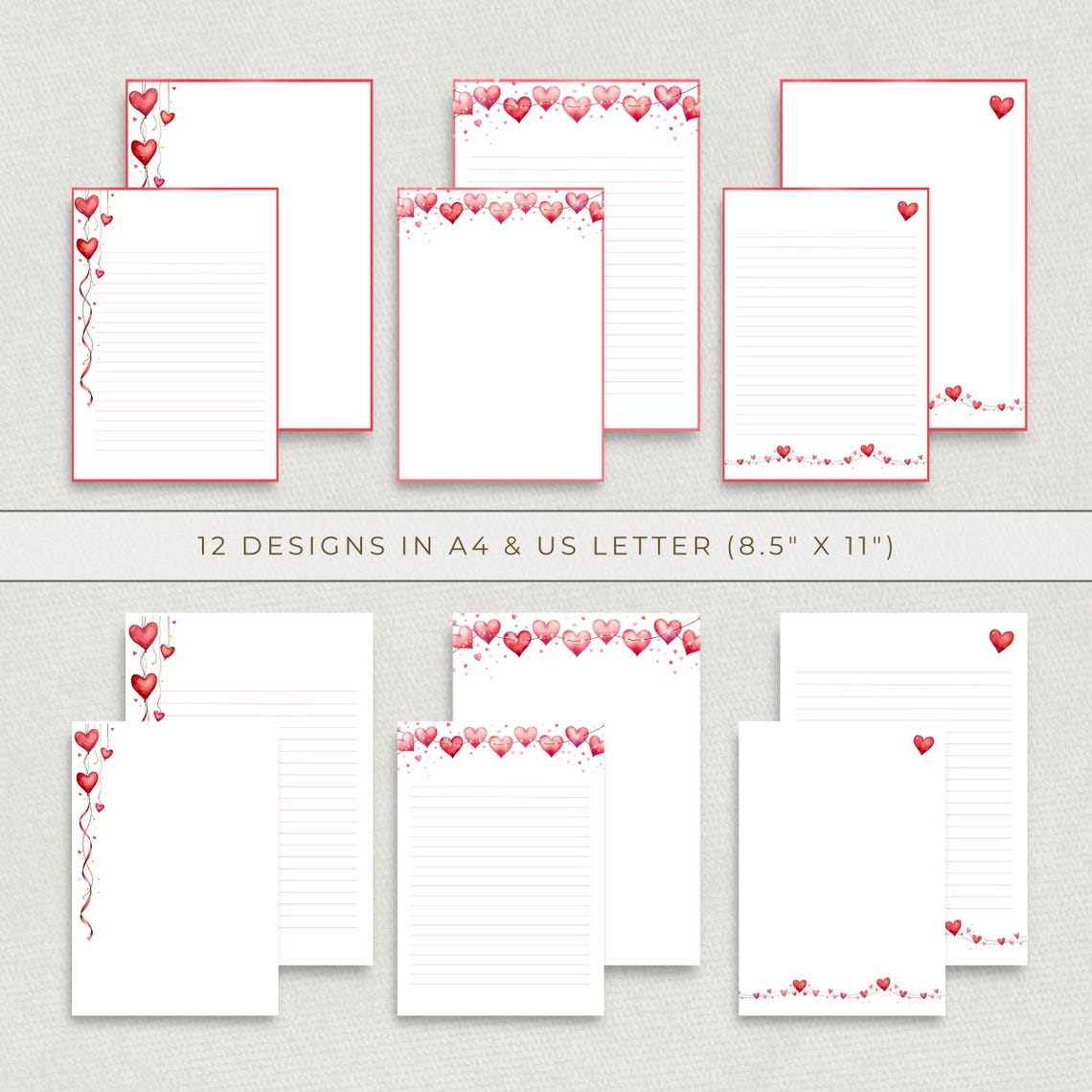 Red Heart Letter Writing Set, Printable Stationery, Lined Paper, Snail ...