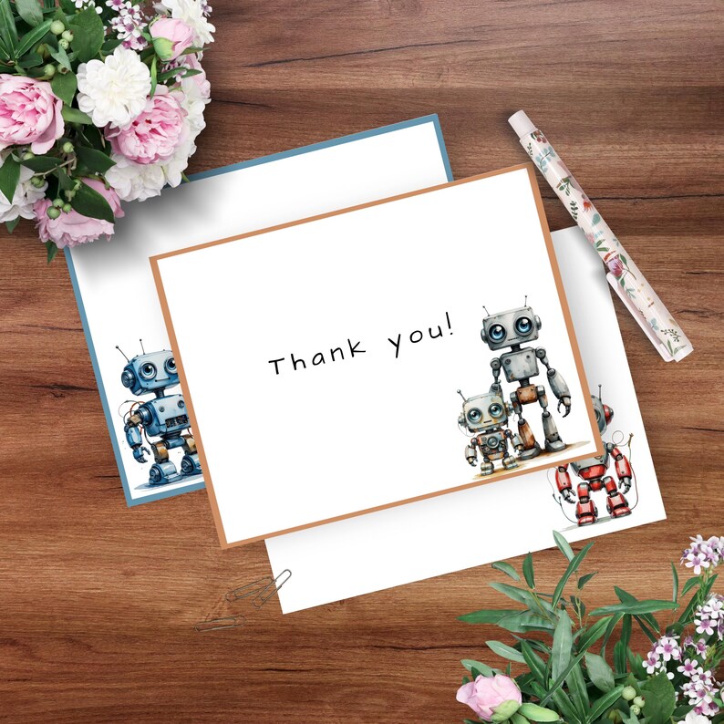 Robot Kids Blank Note Cards, Printable Fun Set for Children's Thank You ...