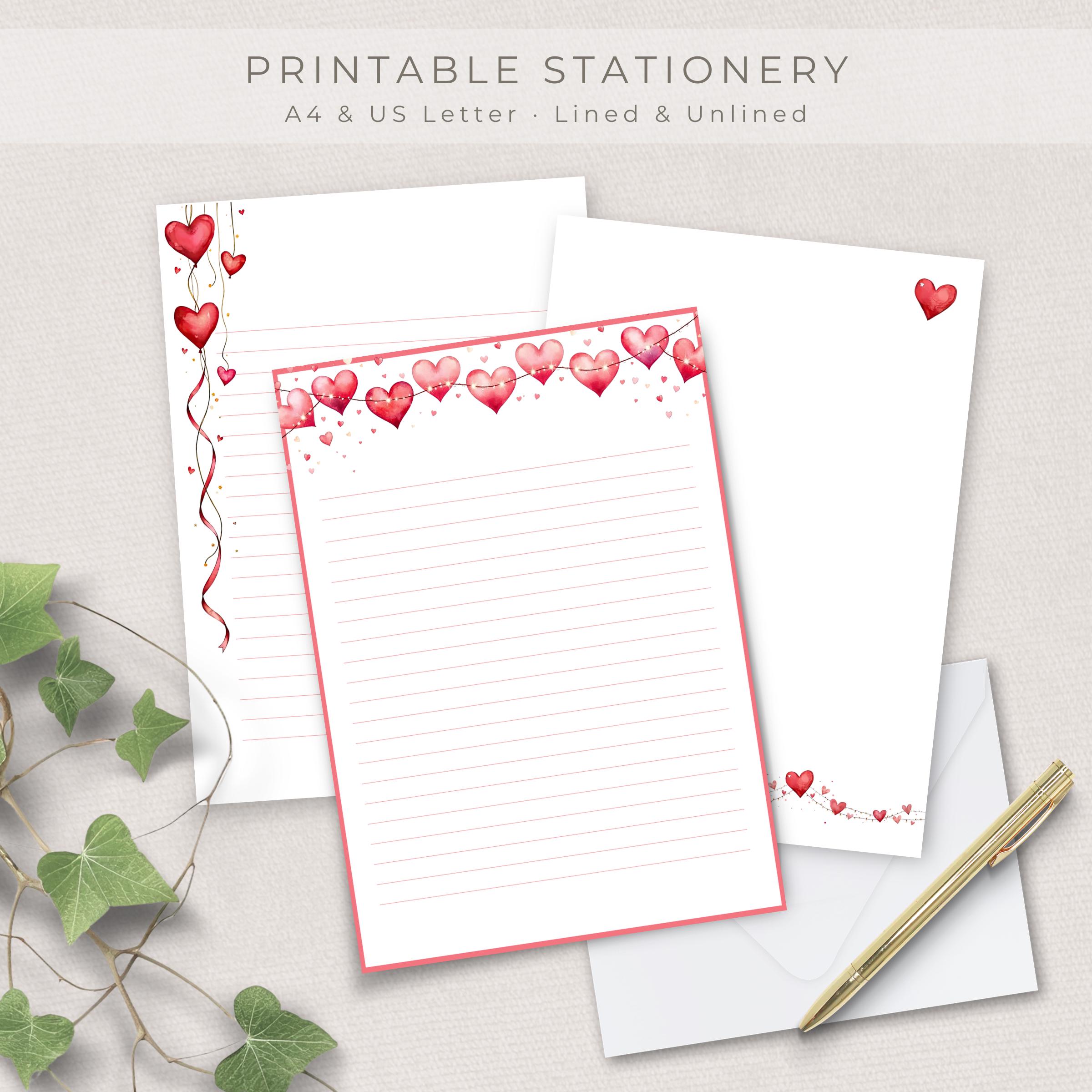 Red Heart Printable Writing Paper, Lined and Unlined Set for Valentine ...