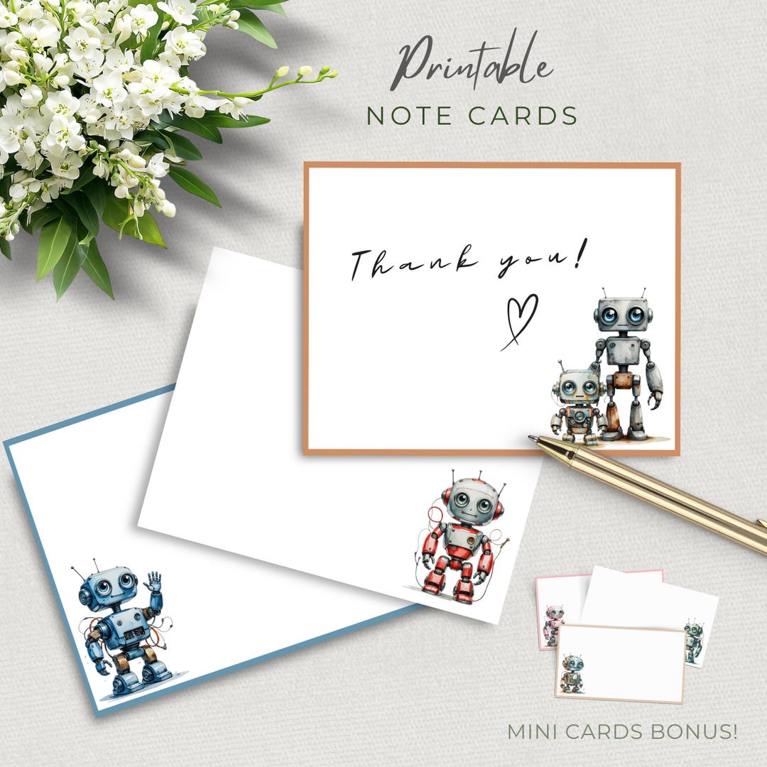 Robot Kids Blank Note Cards, Printable Fun Set for Children's Thank You ...
