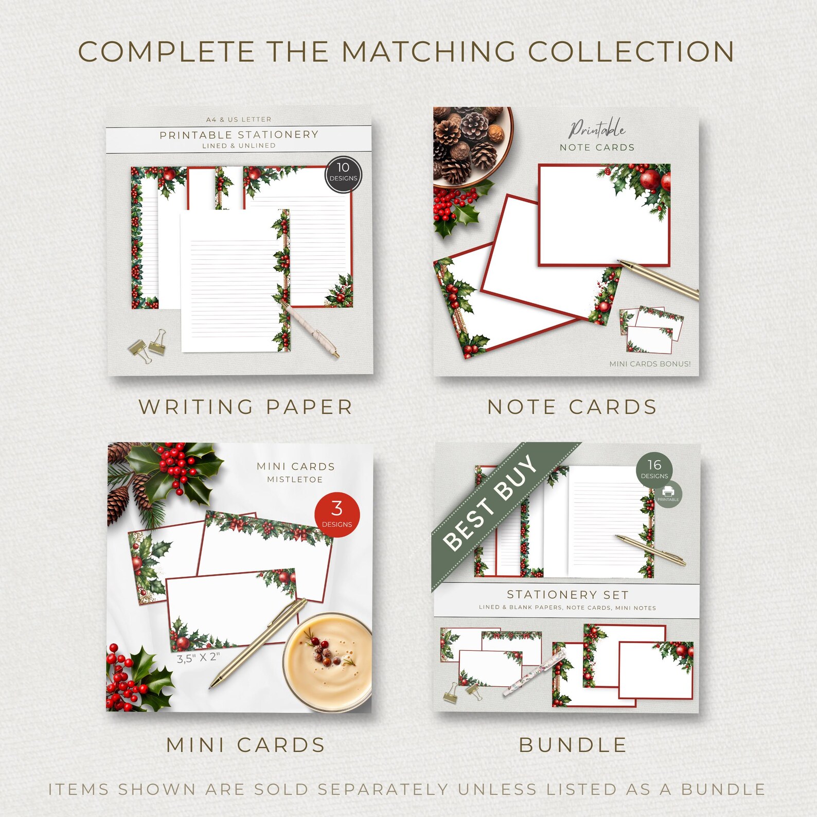 Mistletoe Stationery Bundle, Christmas Letter Writing Set, Holiday Note ...