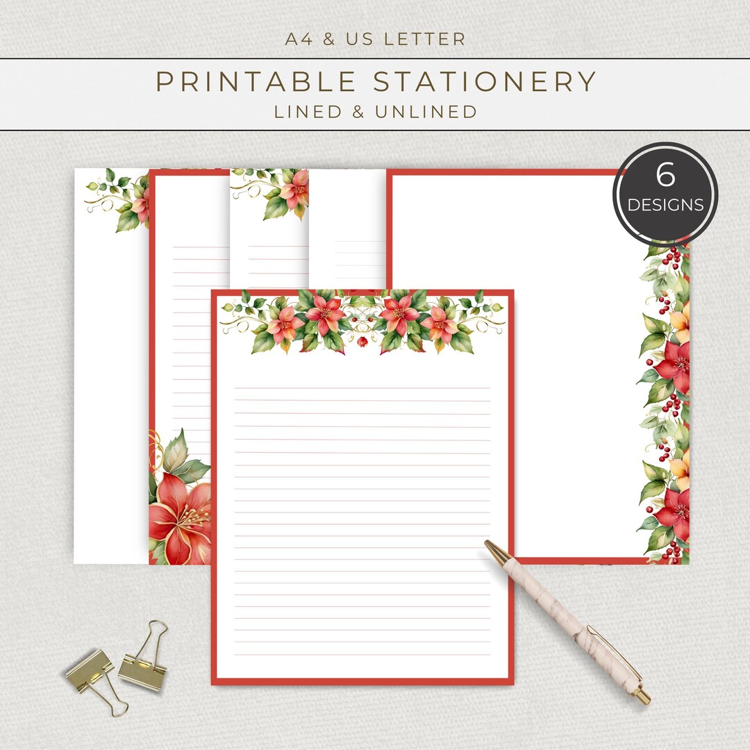 Red Poinsettia Christmas Stationery: Printable Holiday Writing Paper ...