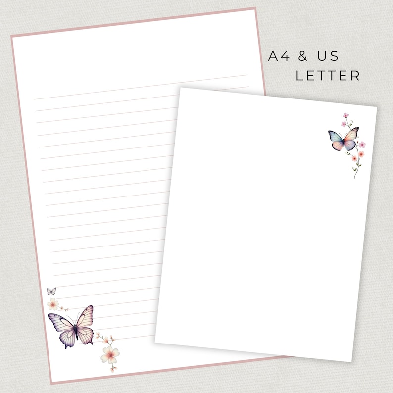 Butterfly Printable Writing Paper, Lined and Unlined Set for Pen Pal ...