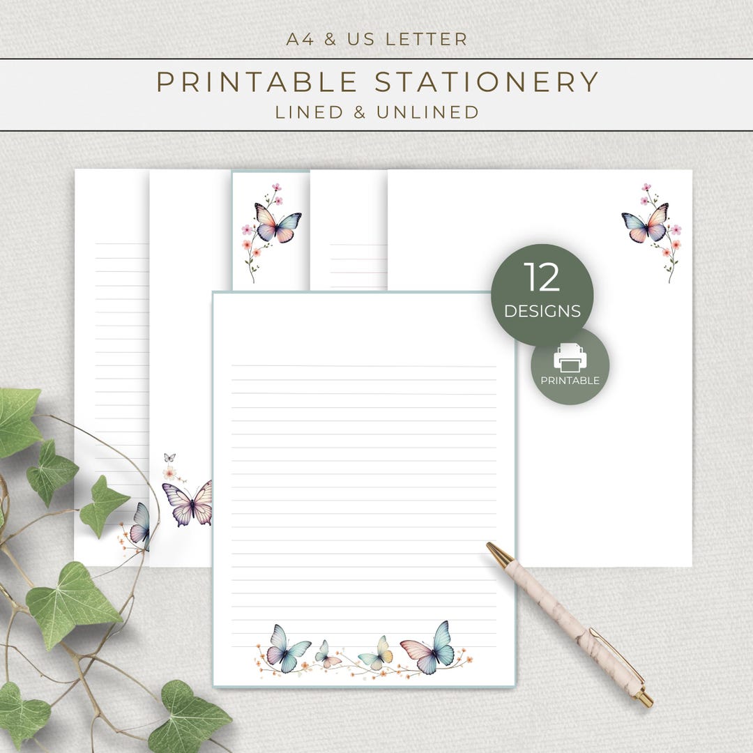 Butterfly Printable Writing Paper, Lined and Unlined Set for Pen Pal ...