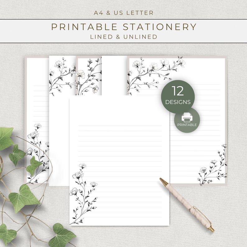 Floral Printable Writing Paper, Lined and Unlined Set for Pen Pal ...