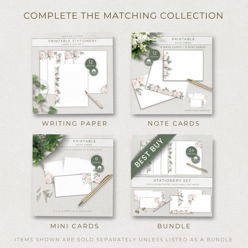 Camellia Floral Printable Stationery Bundle, Writing Paper, Note Cards ...