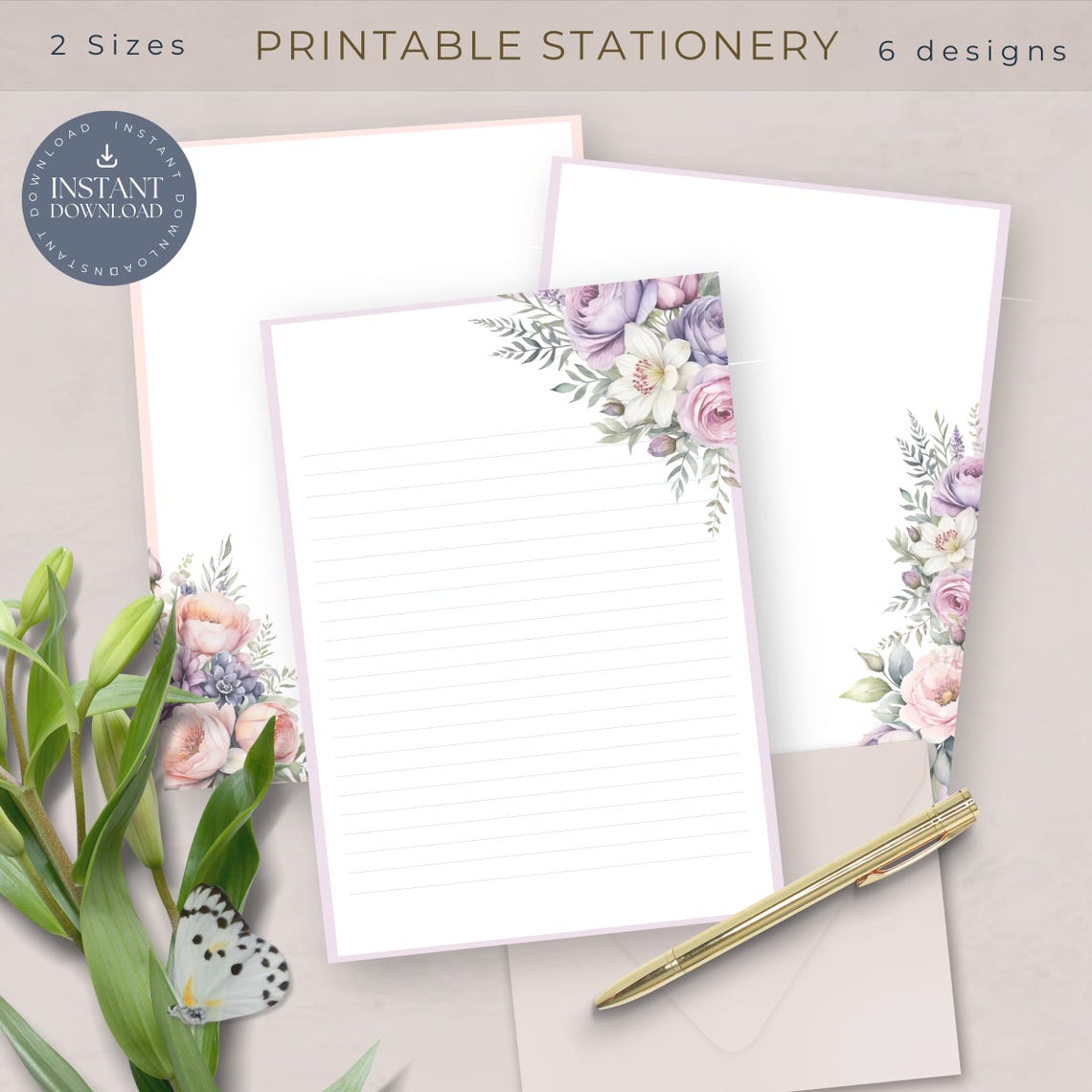 Romantic Pastel Flower Stationery Set, Instant Download Paper, Lined ...
