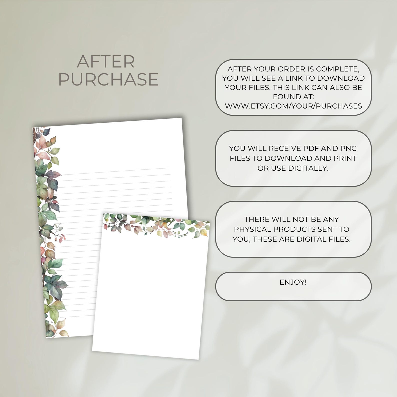 Foliage Vine Printable Stationery Set, Lined Unlined Writing Set ...