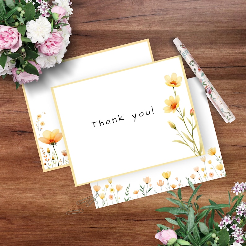 Yellow Flower Blank Note Cards, Printable Sunny Set for Thank You Notes ...