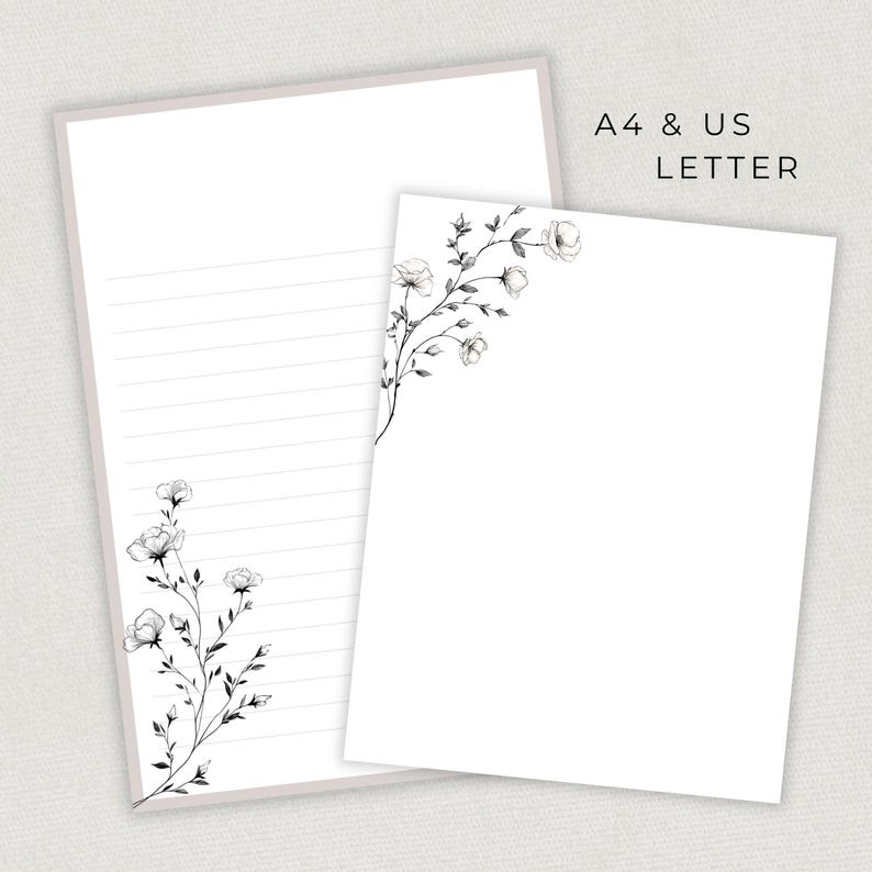 Floral Printable Writing Paper, Lined and Unlined Set for Pen Pal ...