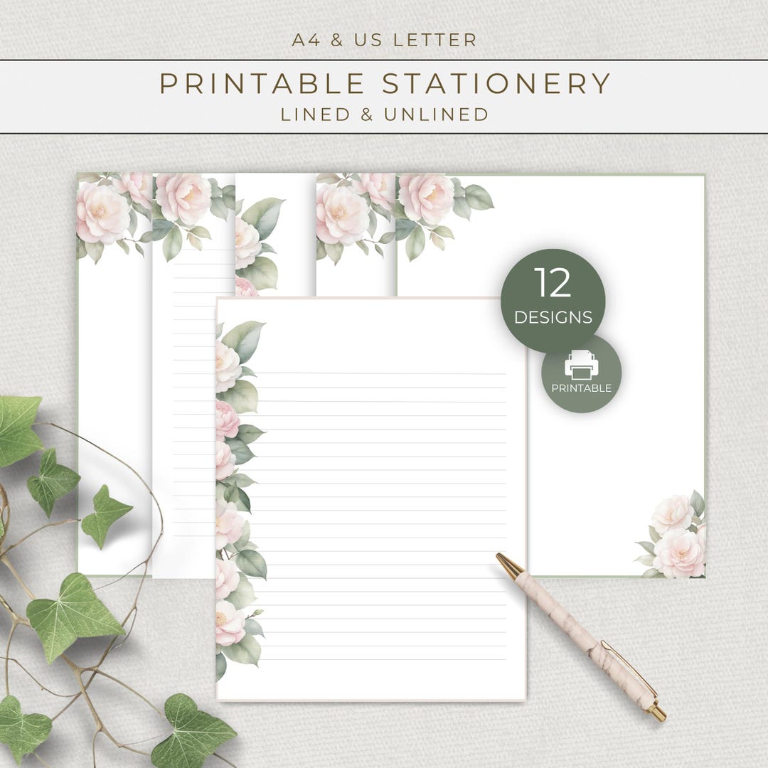 Camellia Floral Printable Writing Paper, Lined and Unlined Letter ...