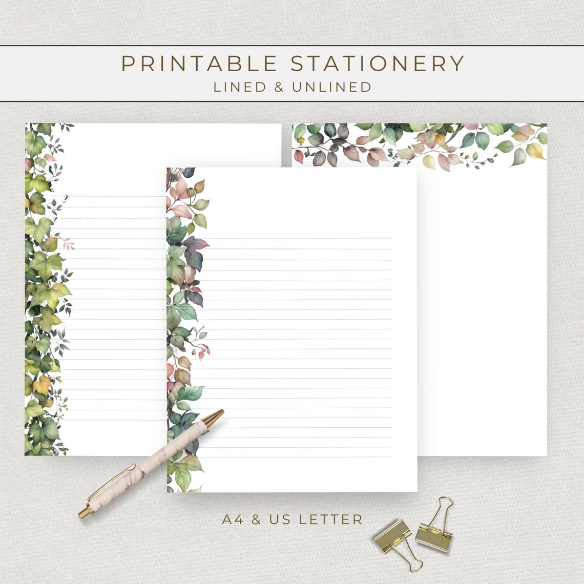 Foliage Vine Printable Stationery Set, Lined Unlined Writing Set ...