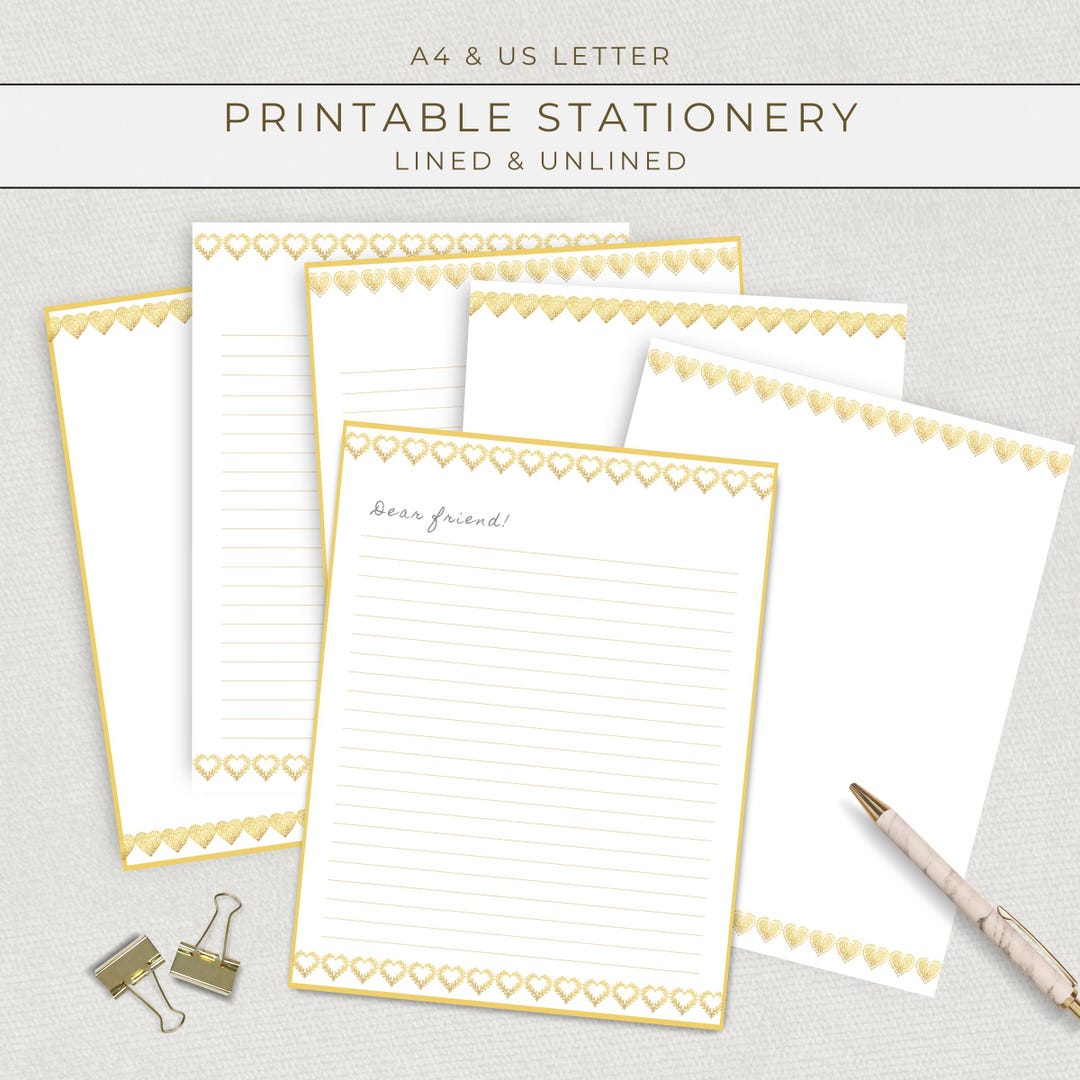 Gold Heart Letter Writing Set, Printable Stationery, Lined Paper, Snail ...