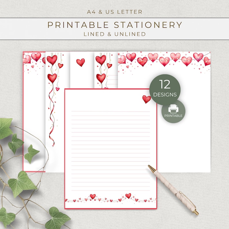 Red Heart Printable Writing Paper, Lined and Unlined Set for Valentine ...
