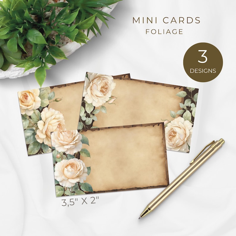 Printable Vintage Rose Mini Cards, Digital Download Notecards, Blank ...