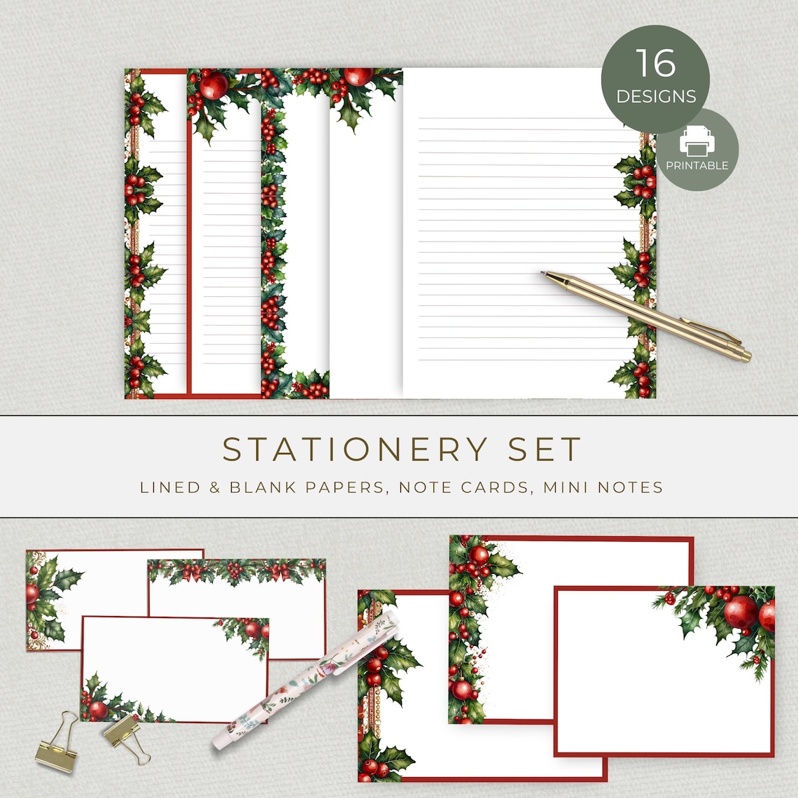 Mistletoe Stationery Bundle, Christmas Letter Writing Set, Holiday Note ...