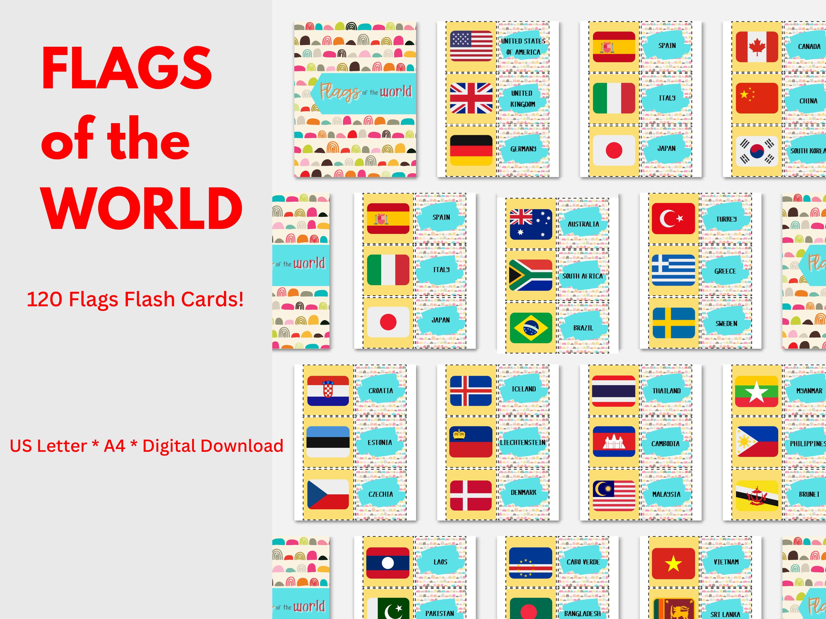 Printable Flags of the World Flash Cards Matching Game, Kids Travel ...