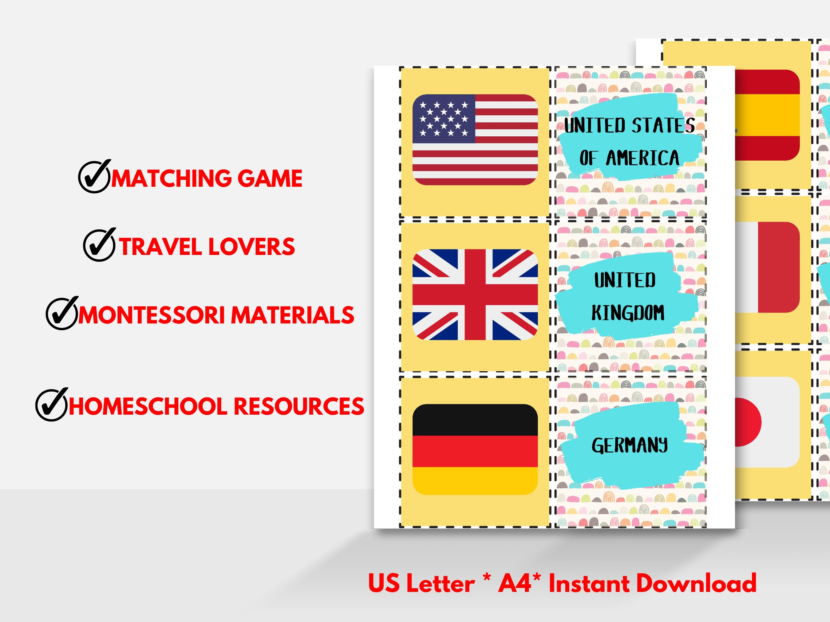Printable Flags of the World Flash Cards Matching Game, Kids Travel ...