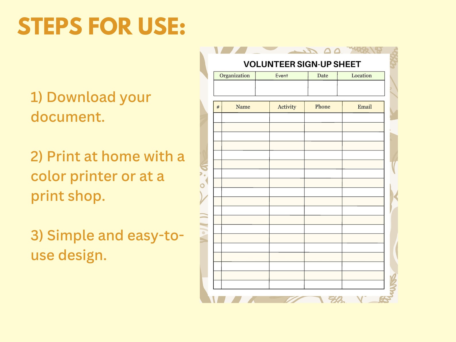 Volunteer Sign-up Sheet, Printable Sign in Sheet, Sign up Sheet ...