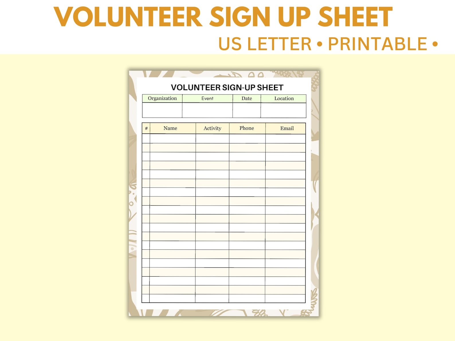 Volunteer Sign-up Sheet, Printable Sign in Sheet, Sign up Sheet ...