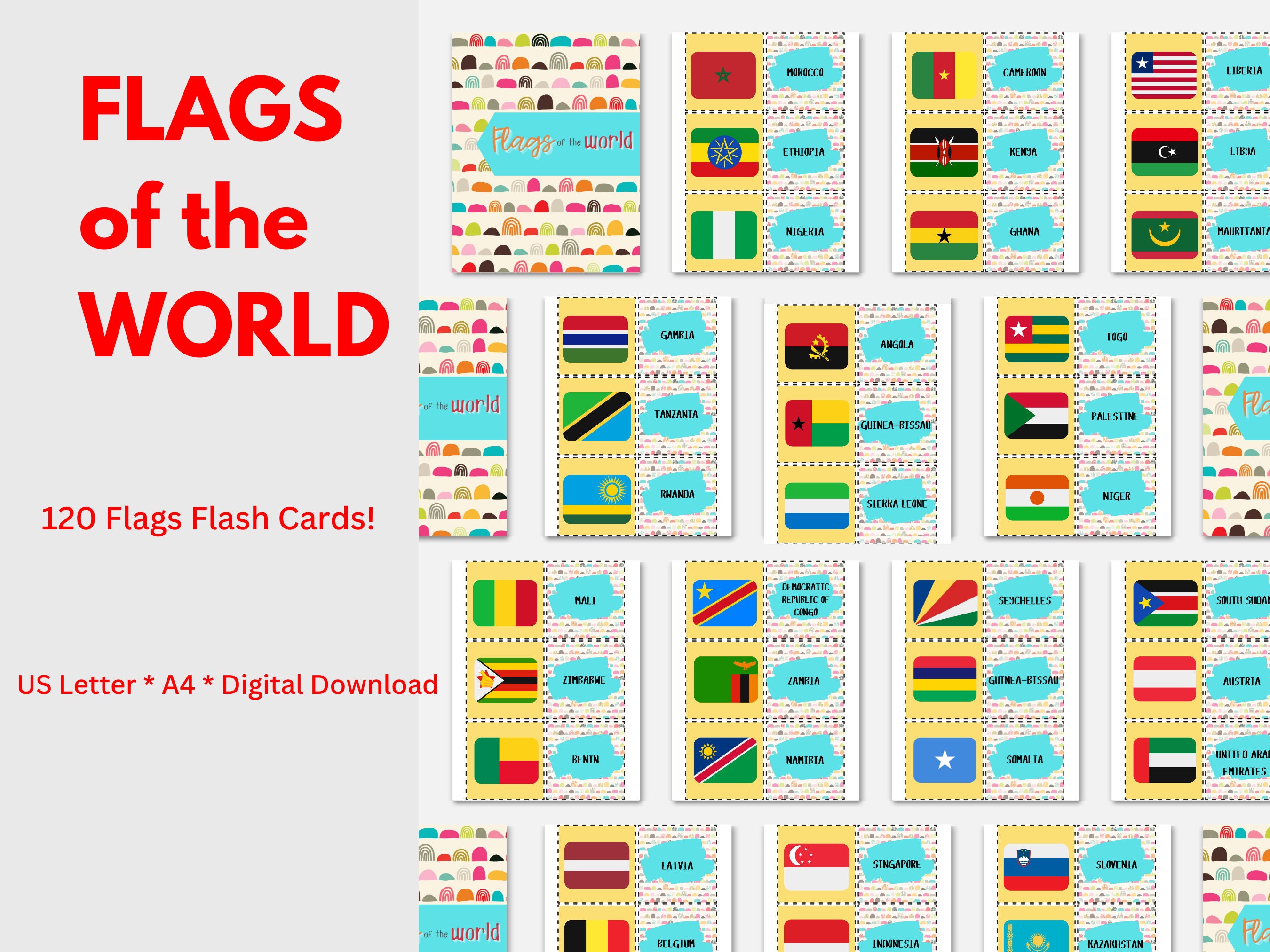 Printable Flags of the World Flash Cards Matching Game, Kids Travel ...