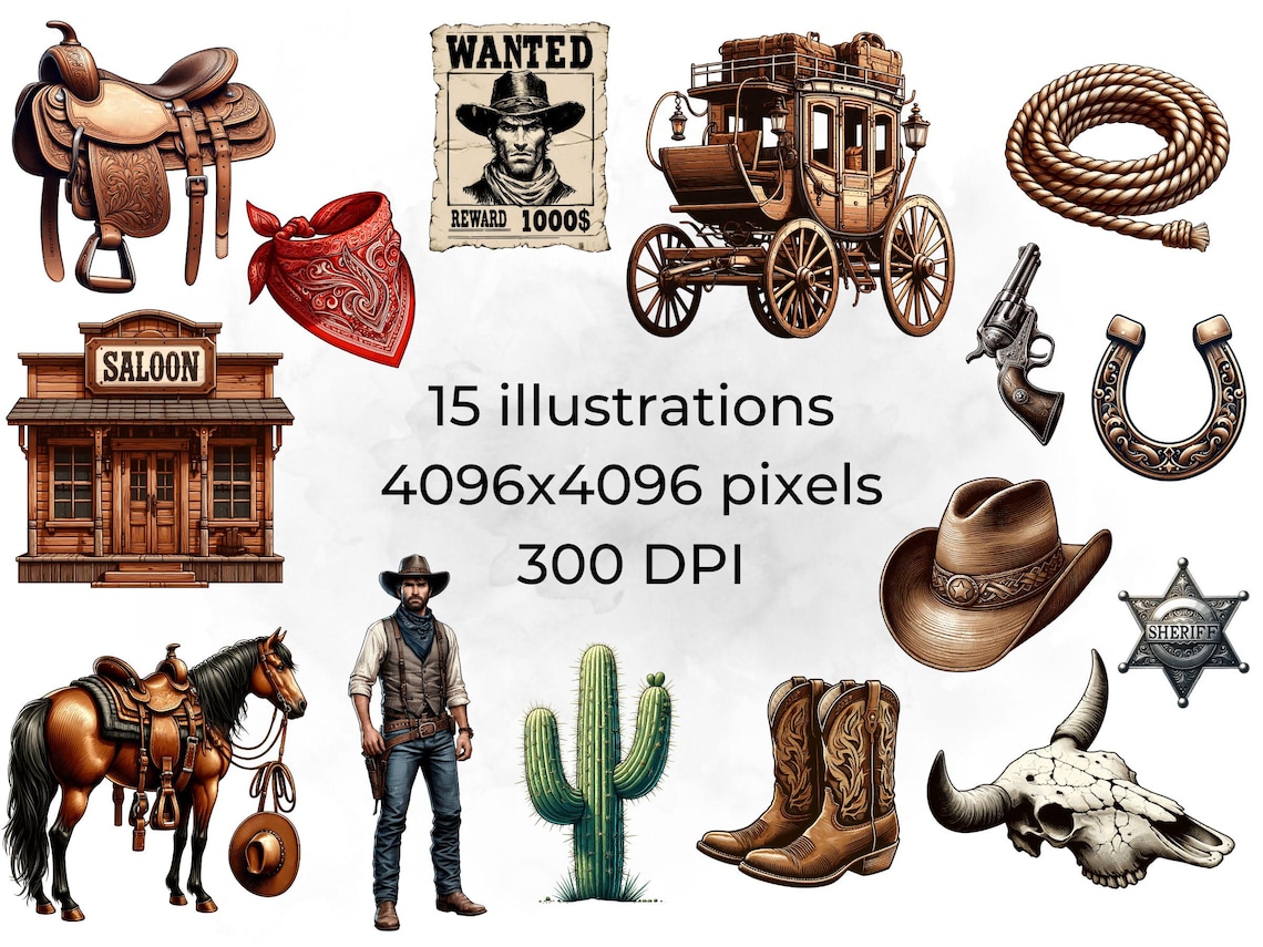 Cowboy Clipart Western Bundle 15 Wild West PNG Illustrations High ...